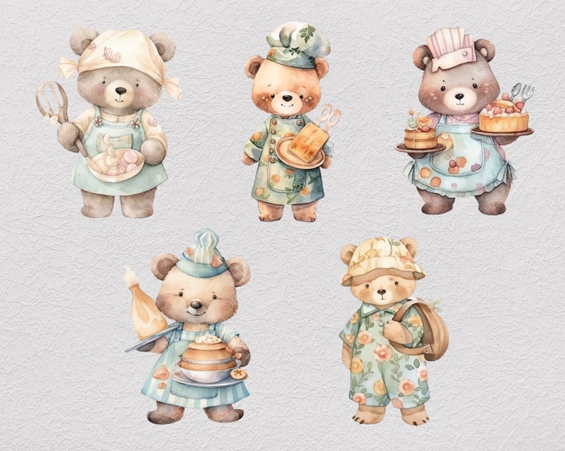 Vintage Baby Bear Clipart, Cute Bear, Baking Bear, Gardening Bear, Bear ...