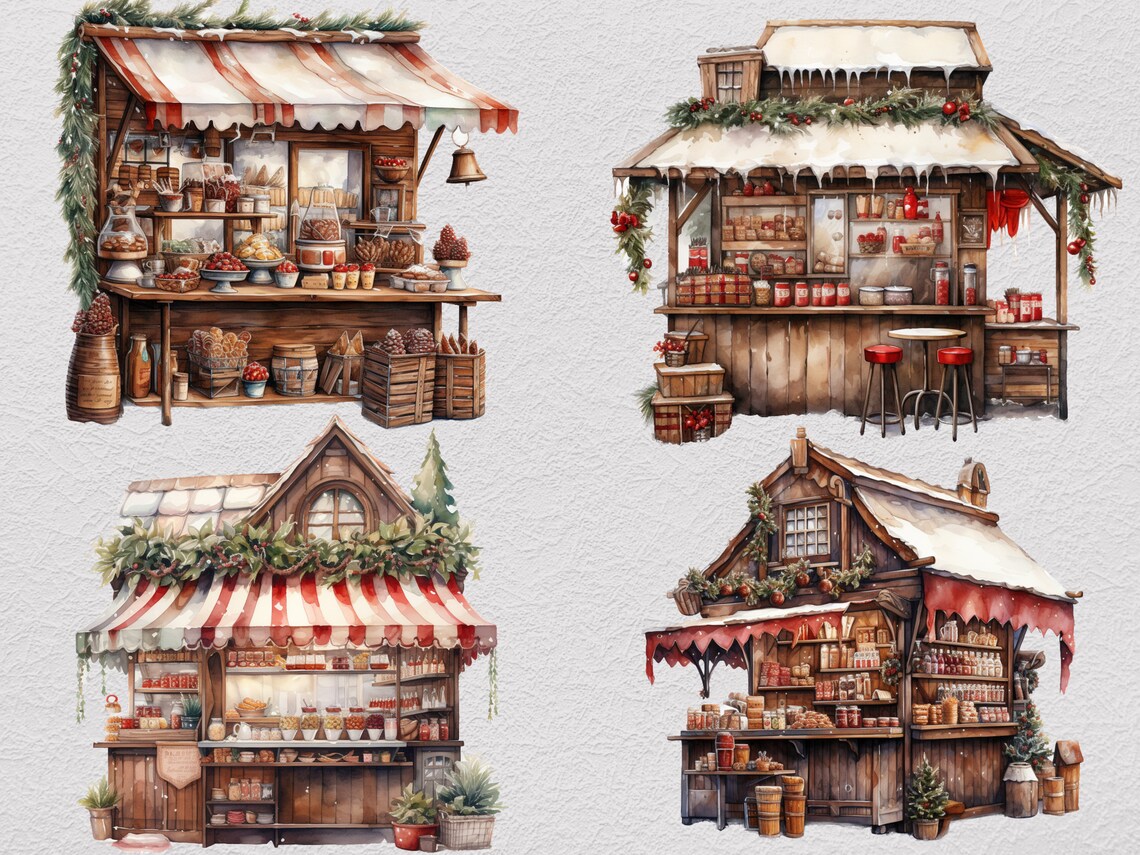 Watercolour Winter Market Clipart Bundle, Christmas Market, Stall ...