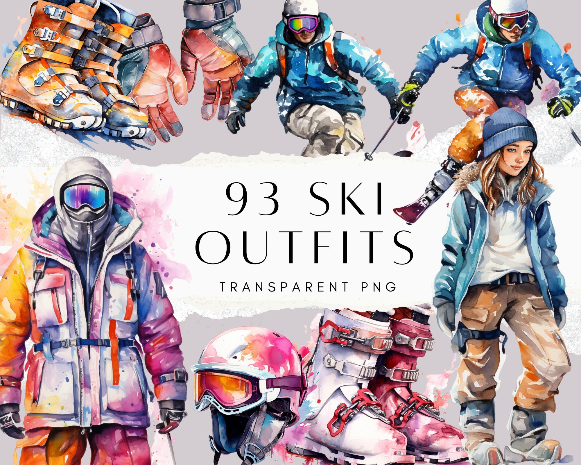 93 Watercolour Ski Outfit Clipart Bundle, Ski, Snow Boots, Jackets ...