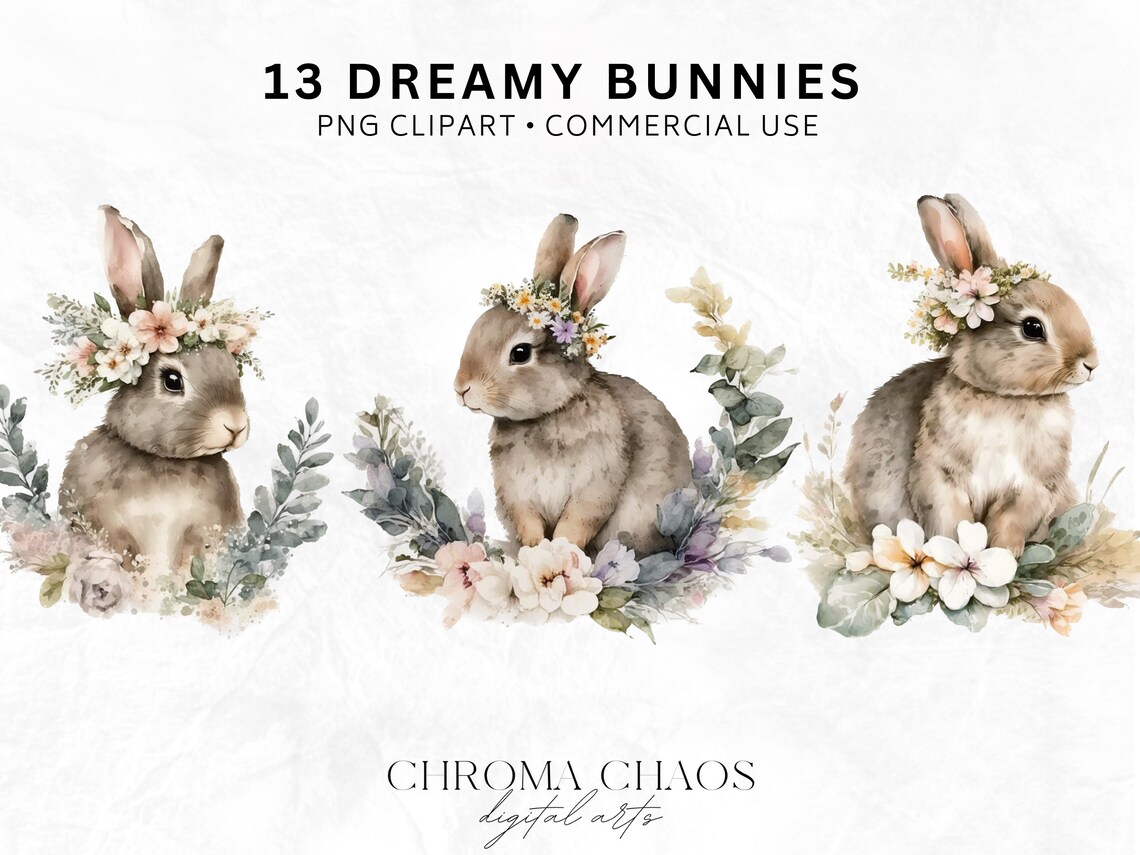 Watercolor Cute Bunny With Flowers Clipart Pack, Clipart for Commercial ...