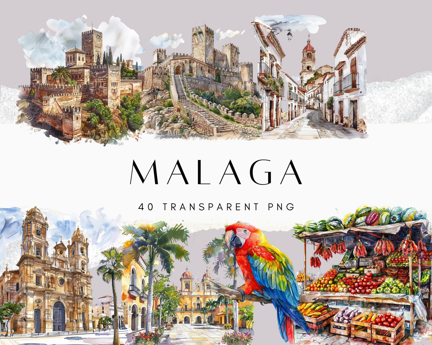 Malaga Clipart, Watercolour City Clipart Bundle, Around the World ...