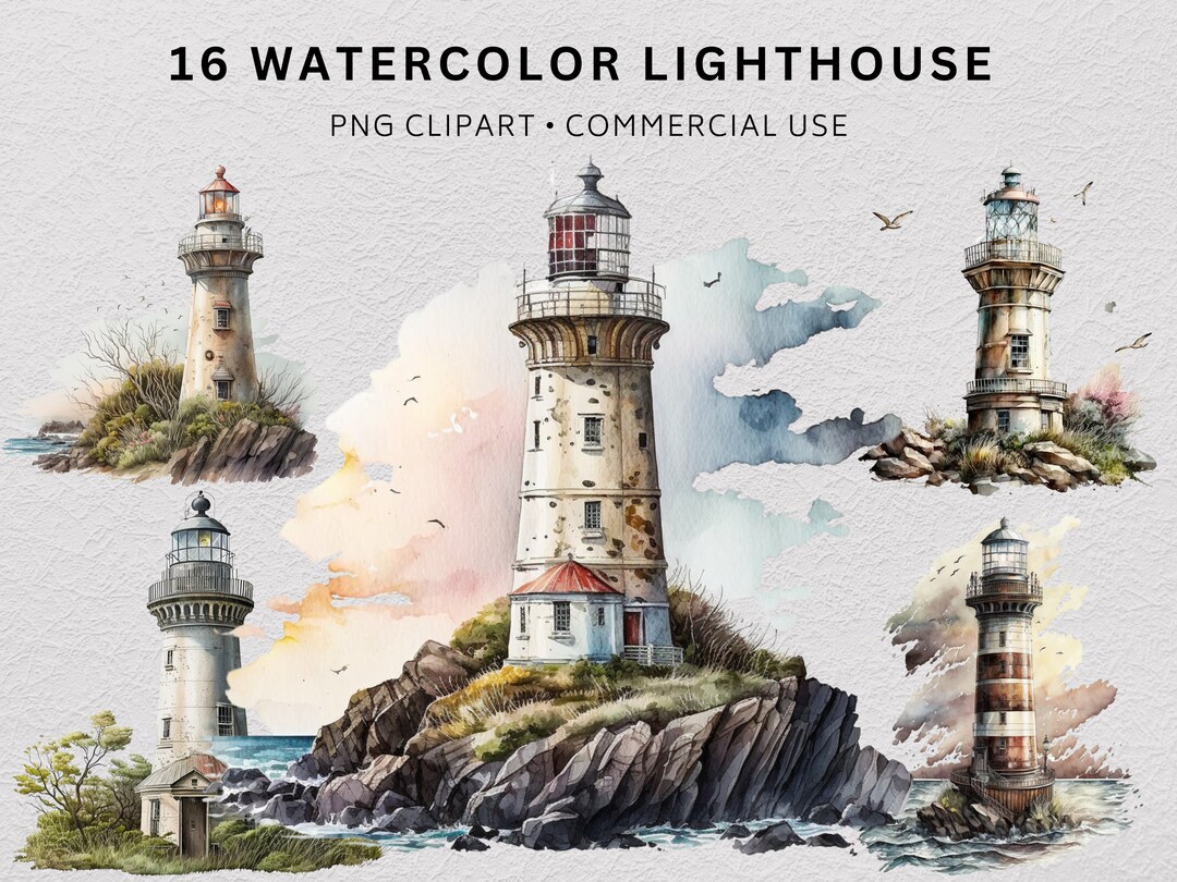 Watercolor Lighthouse Clip Art, Nursery Wall Art, Commercial Use ...