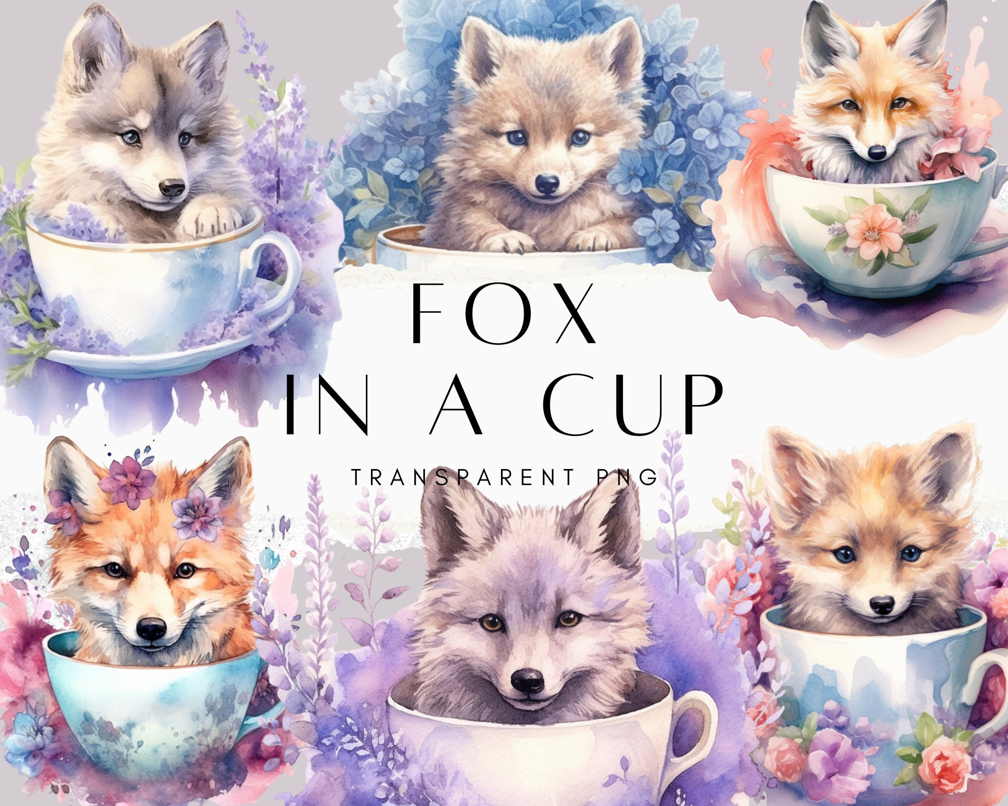 13 Cute Baby Fox in a Cup PNG, Watercolor Clipart, First Birthday Decor ...