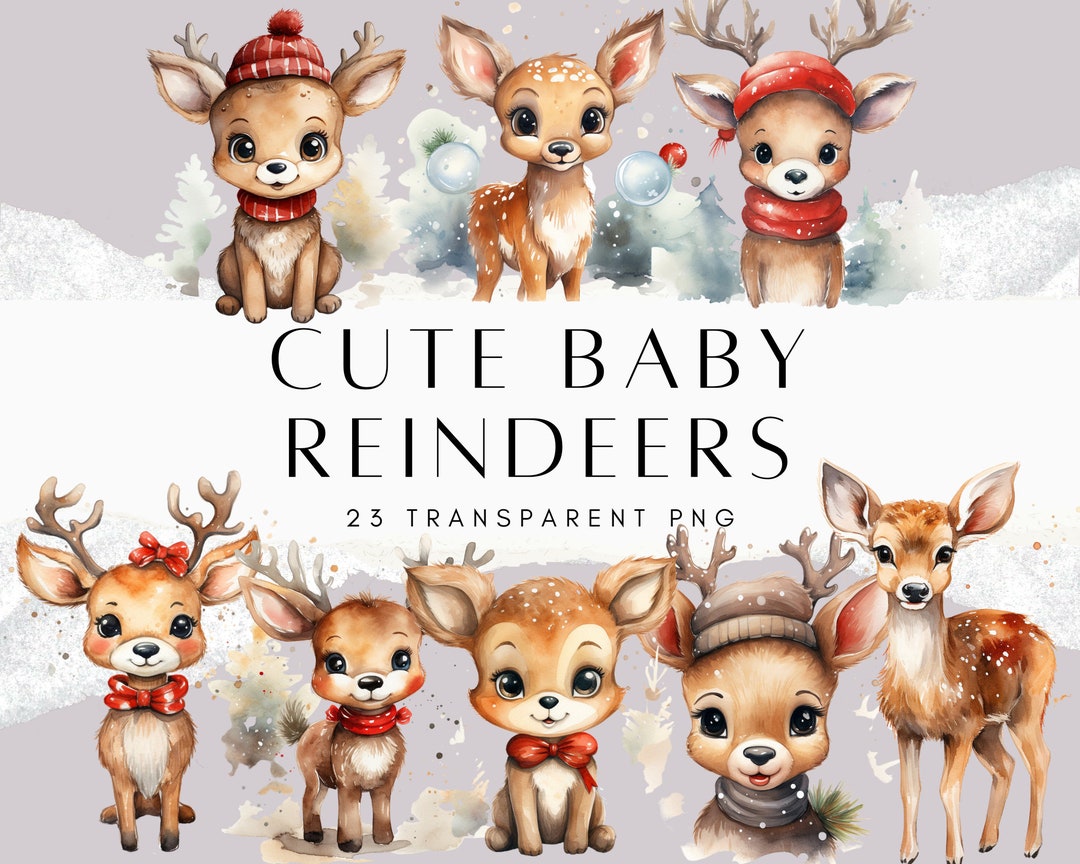 Cute Baby Reindeer PNG, Winter Animals Clipart, Scarf and Beanie, Snowy ...