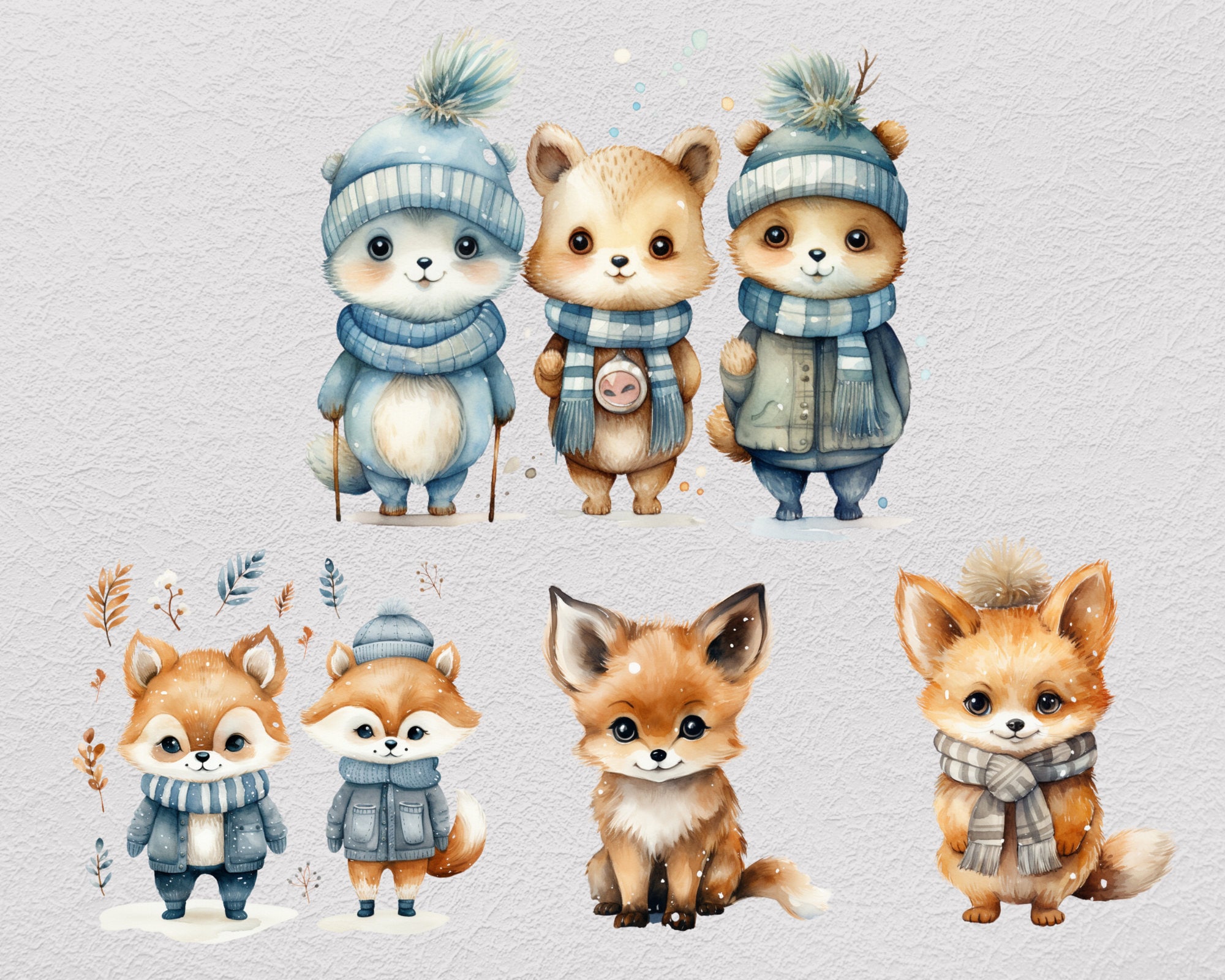 Cute Winter Animals Clipart, Cute Critters, Scarf and Beanie, Snowy ...