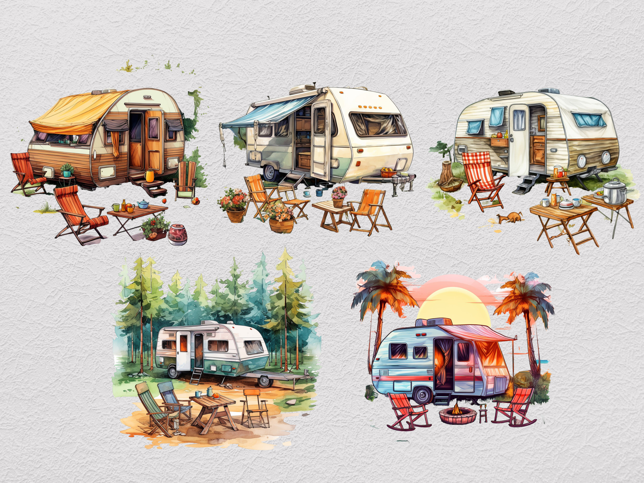 24 Camping Caravan Clipart Bundle, Watercolour Retro Camper PNG ...