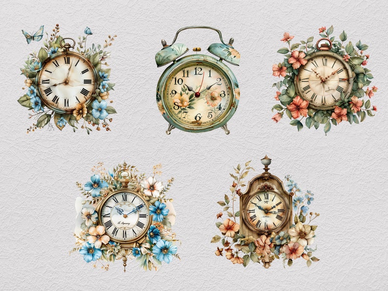 Vintage Clock Clipart PNG, Floral Clock PNG, Spring Clip Art, Vintage ...