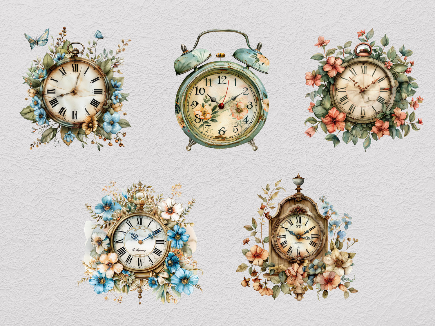 Vintage Clock Clipart PNG, Floral Clock PNG, Spring Clip Art, Vintage ...