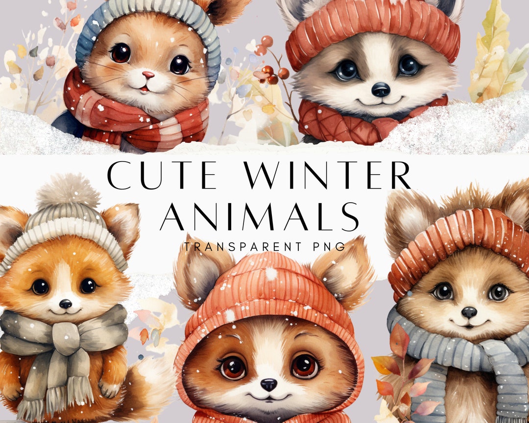 Cute Winter Animals Clipart, Cute Critters, Scarf and Beanie, Snowy ...