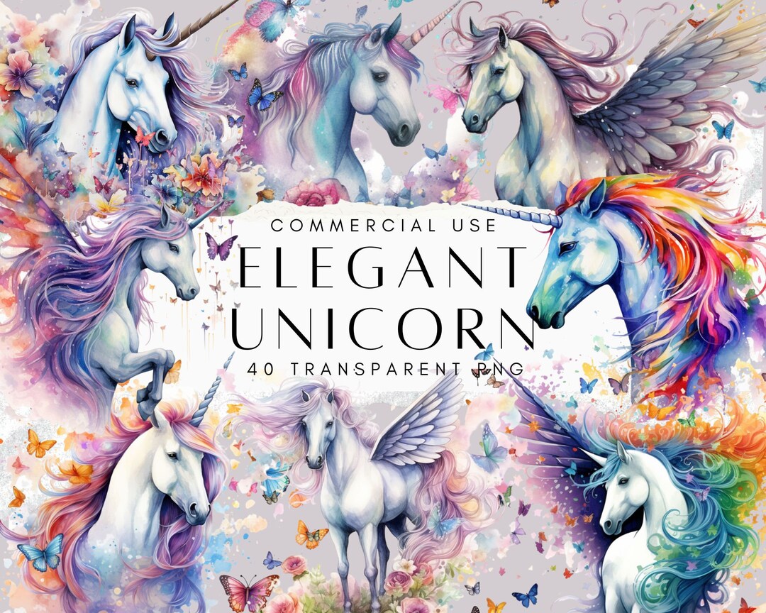 40 Unicorns Clipart PNG Sublimation Bundle | Transparent Magical ...