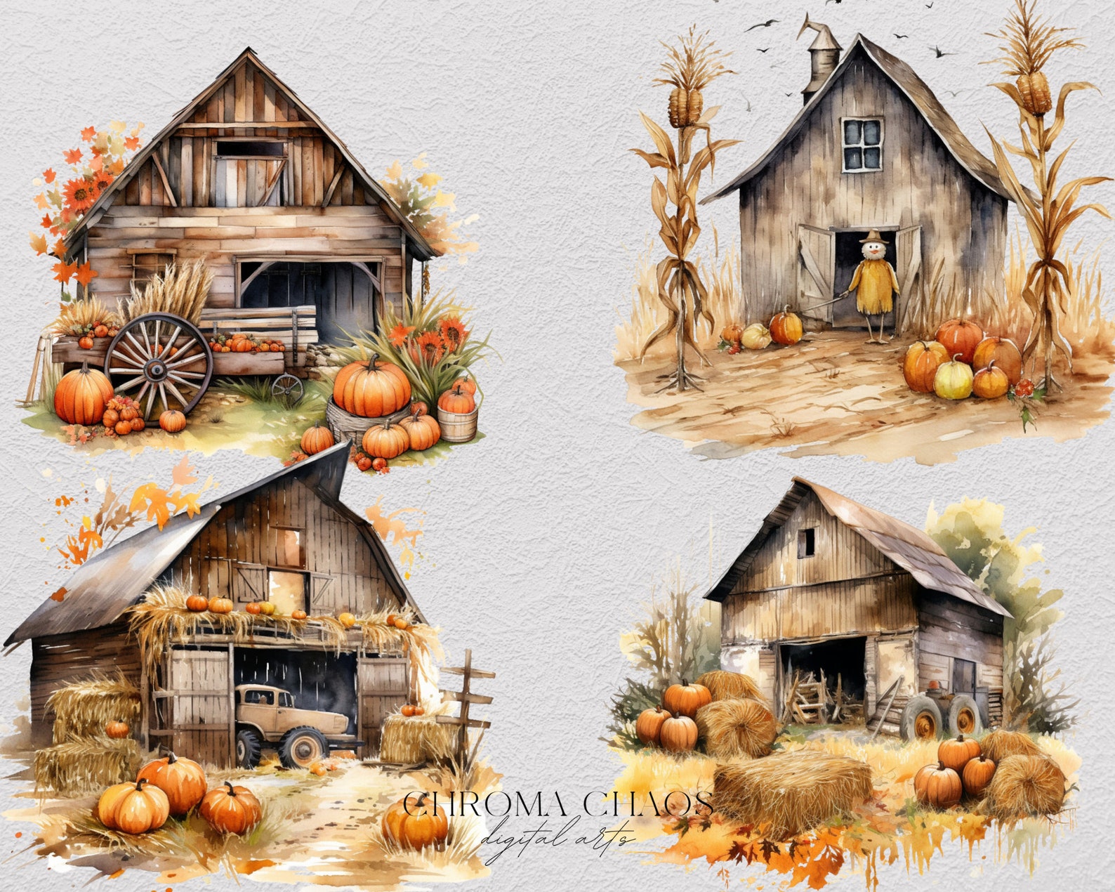 37 Watercolor Autumn Barns Clipart PNG Sublimation Bundle, Transparent ...