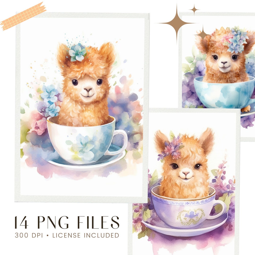 14 Cute Alpaca in a Cup PNG, Watercolor Clipart, First Birthday Decor ...