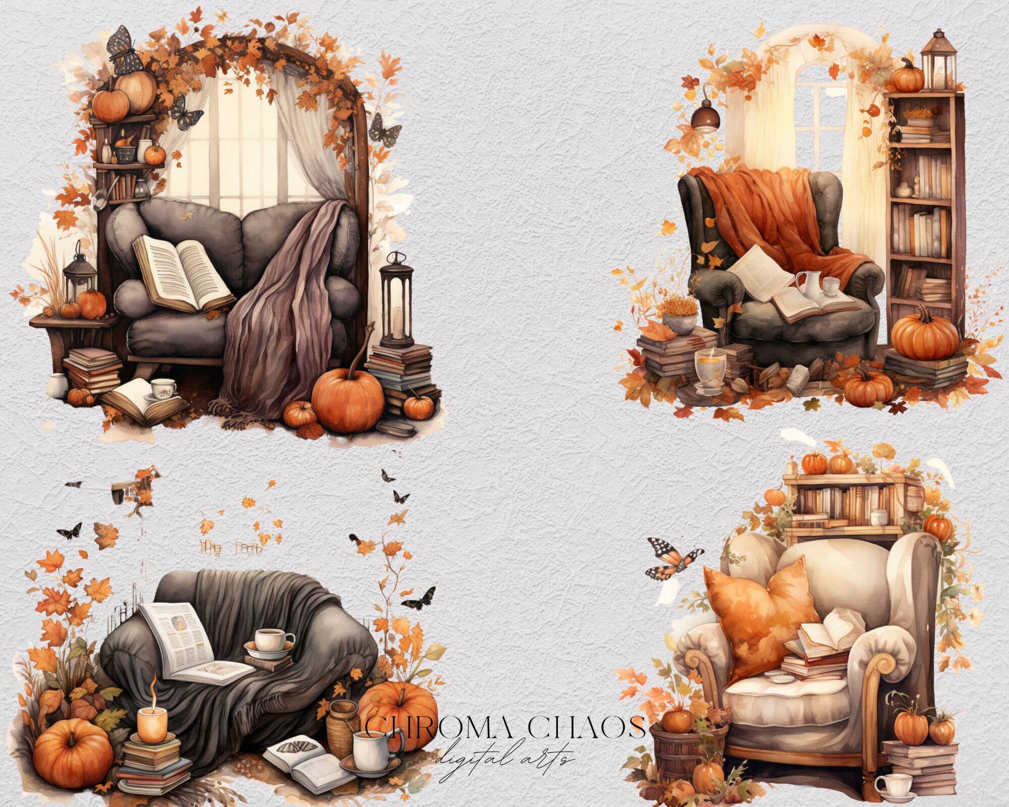 35 Watercolour Reading Corner Clipart Bundle, Autumn Reading Clipart ...