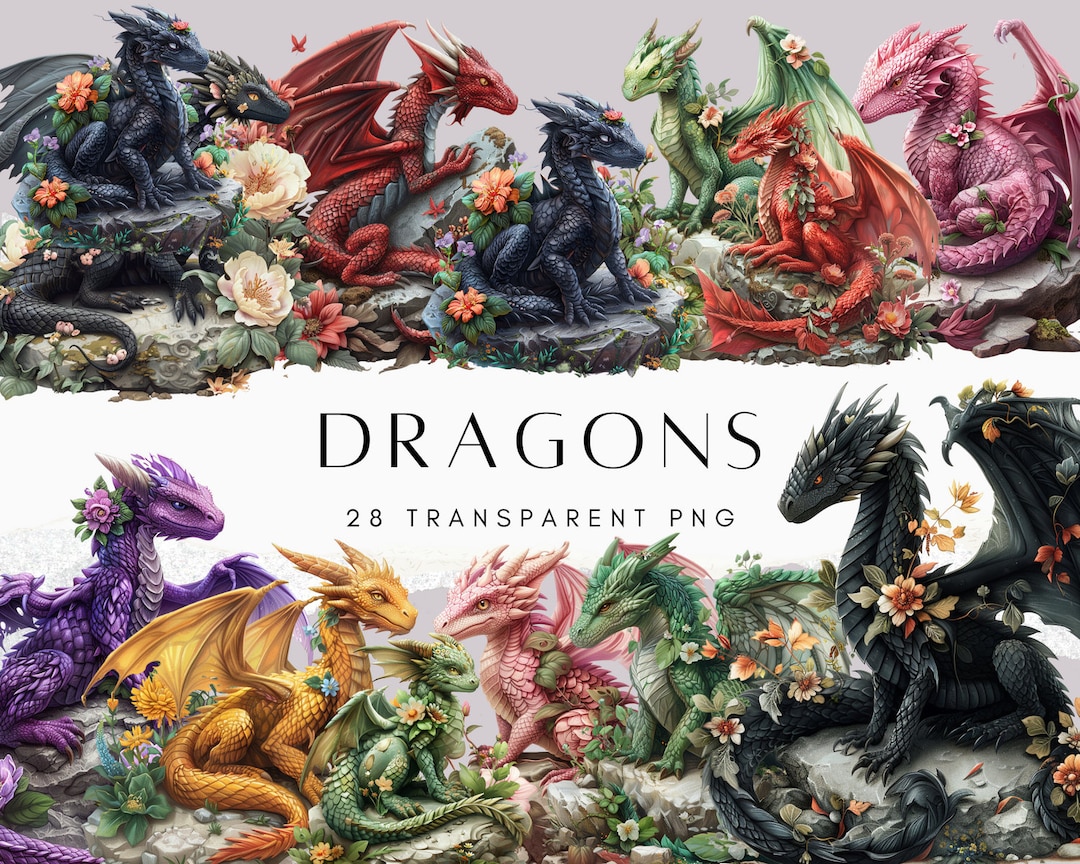 28 Dragons Clipart PNG Bundle, Transparent Clip Art for Kids Activity ...