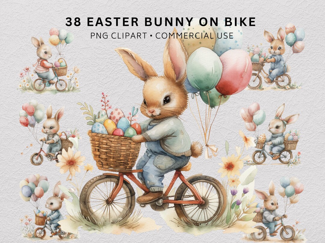Watercolor Cute Bunny on Bike Clipart, Rabbit in Bike, Bunny Clipart ...