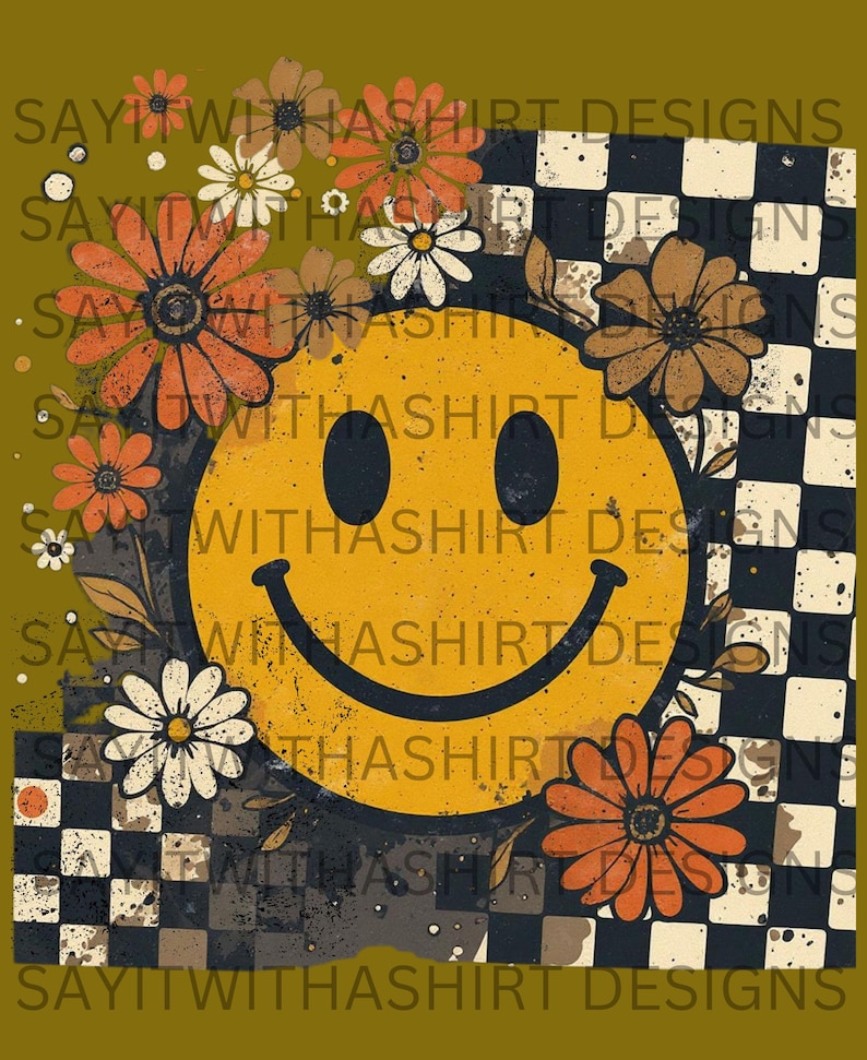 Vintage Grunge Smiley Face PNG: 70s Retro Floral Sublimation - Etsy