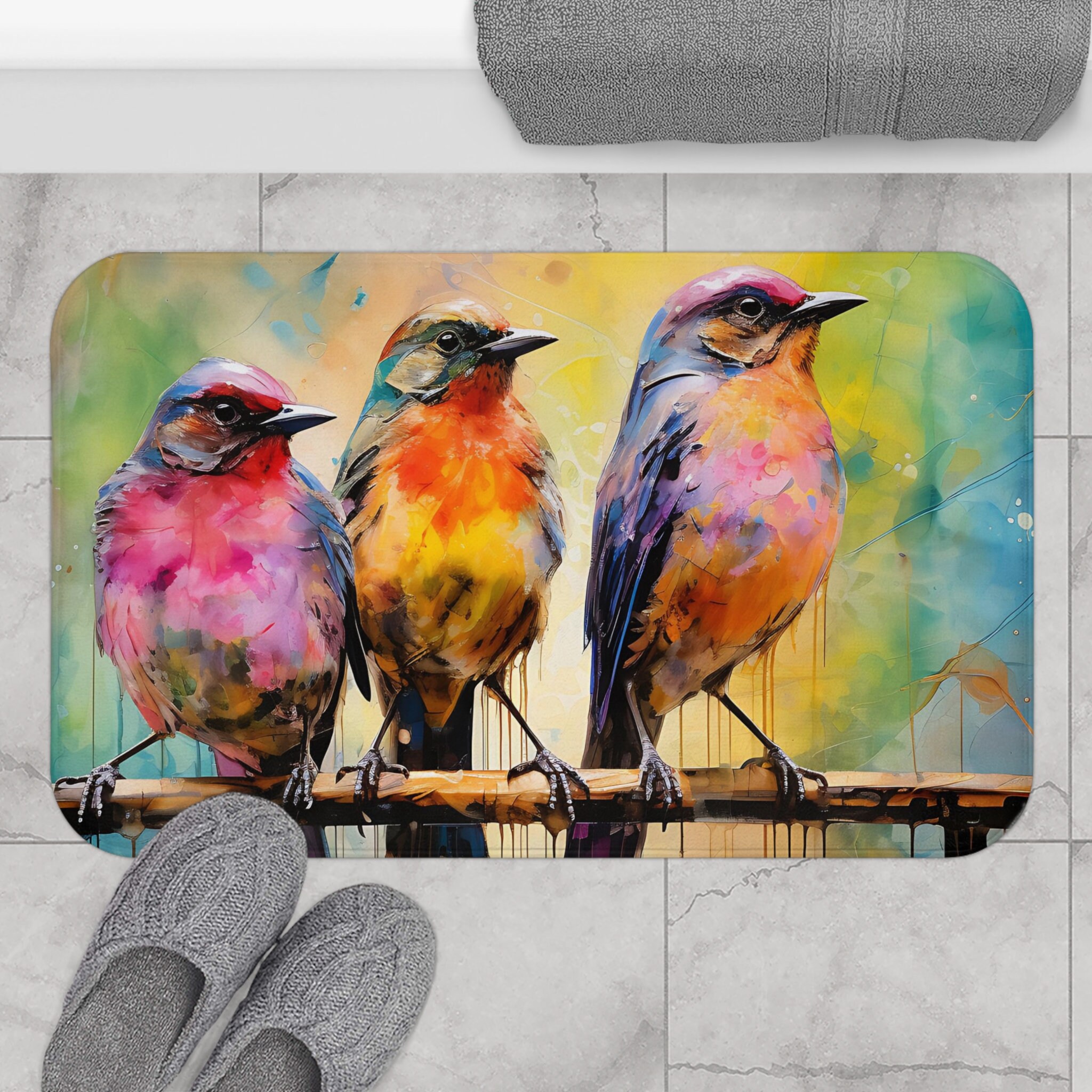 Birds Bath Mat, Birds Watercolor Art Decor, Cozy Dorm Room Decor for ...