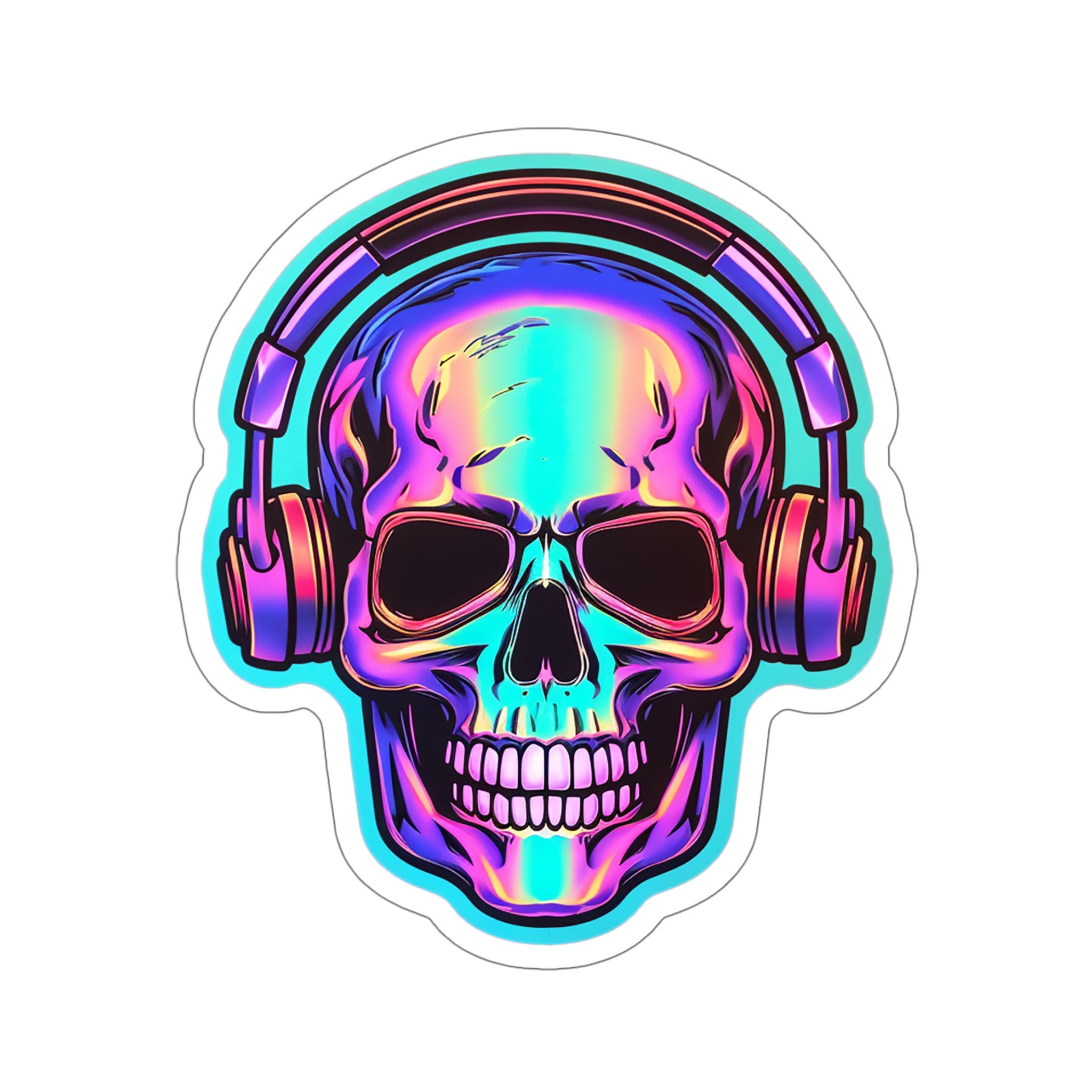 Skull With Headphones Sticker, Neon Skull, Psychedelic Colors Sticker ...