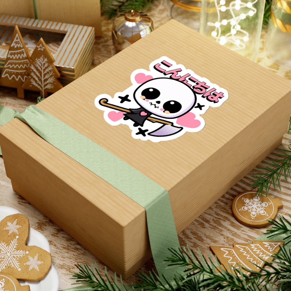 Kawii Skeleton Reaper Konichiwa Sticker, Cute Kawaii Skeleton, Hello ...