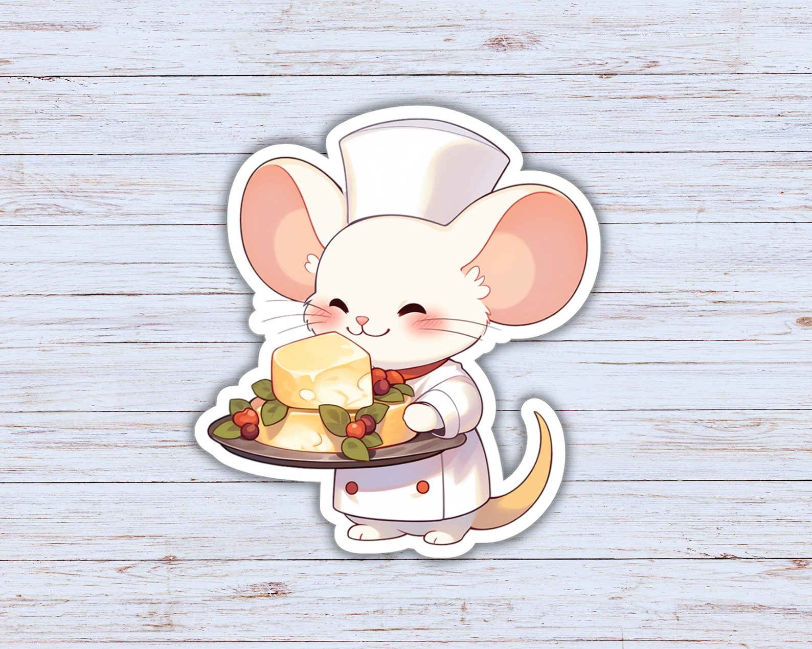Kawaii Mouse Chef Sticker, Cute Kawaii Mouse Holding Plate of Cheeses ...