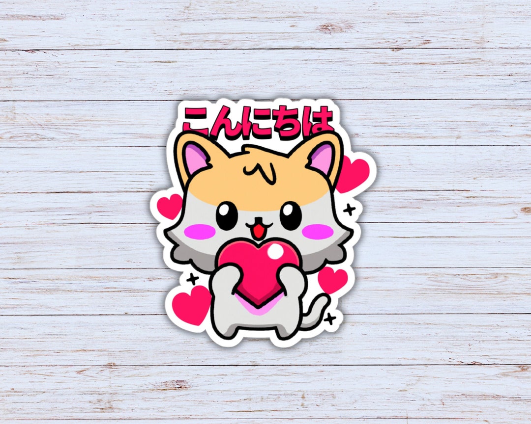 Kawii Kitten Konichiwa Sticker, Cute Kawaii Kitten, Hello Japanese ...