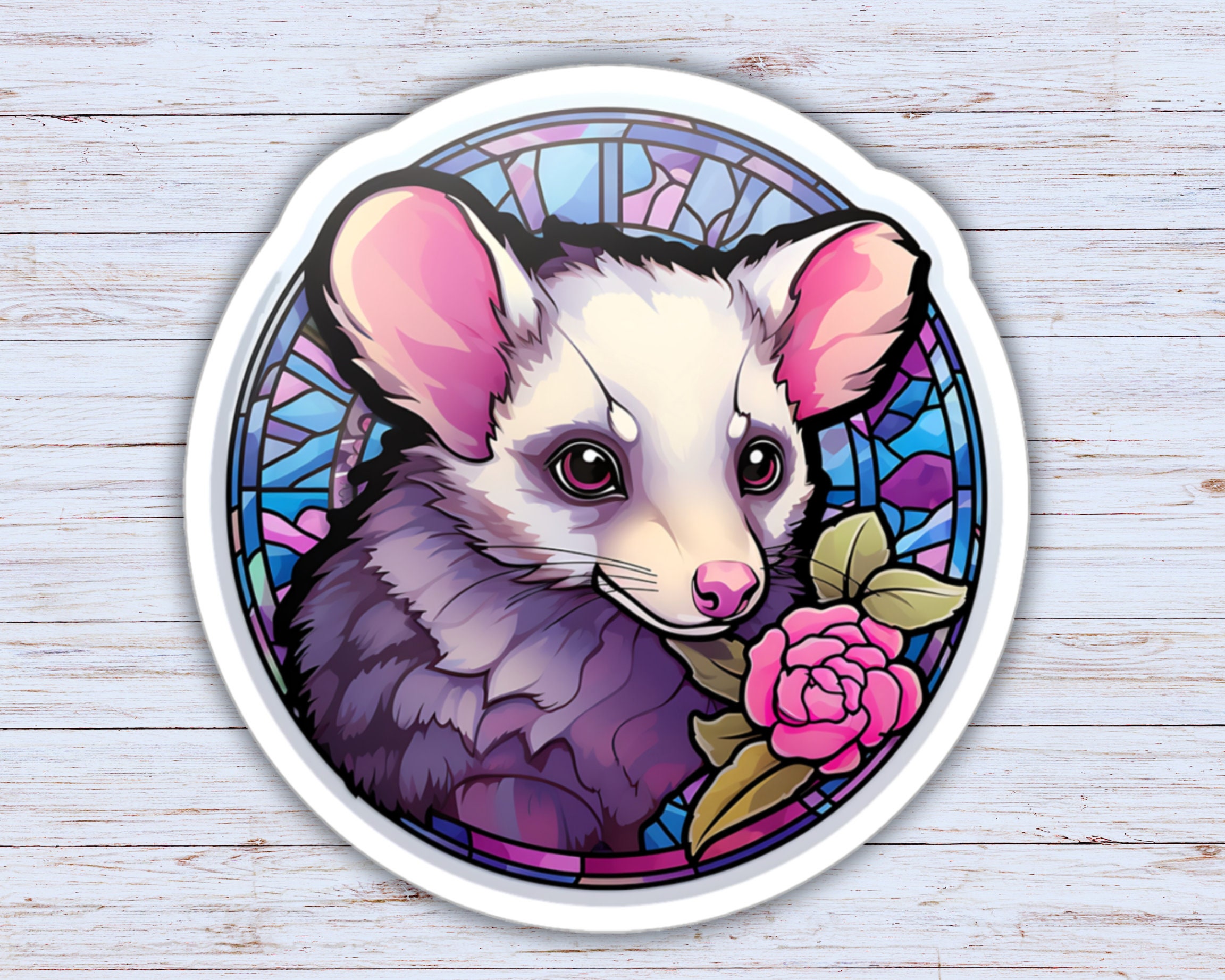 Stained Glass Possum With Flower Sticker, Opossum Sticker, Possum ...
