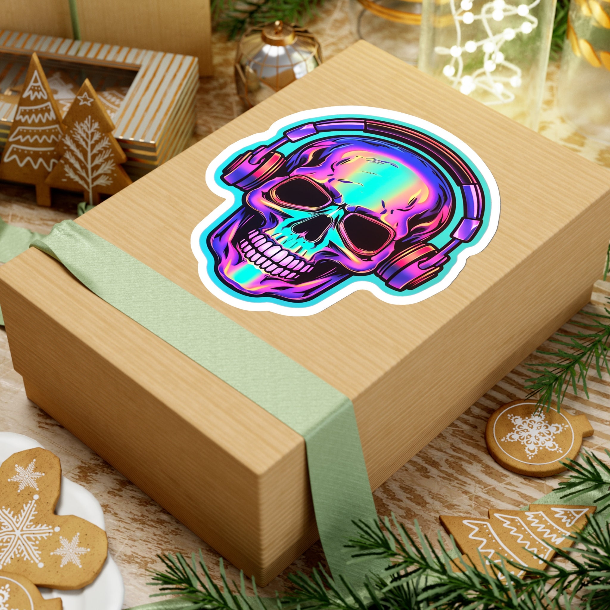 Skull With Headphones Sticker, Neon Skull, Psychedelic Colors Sticker ...