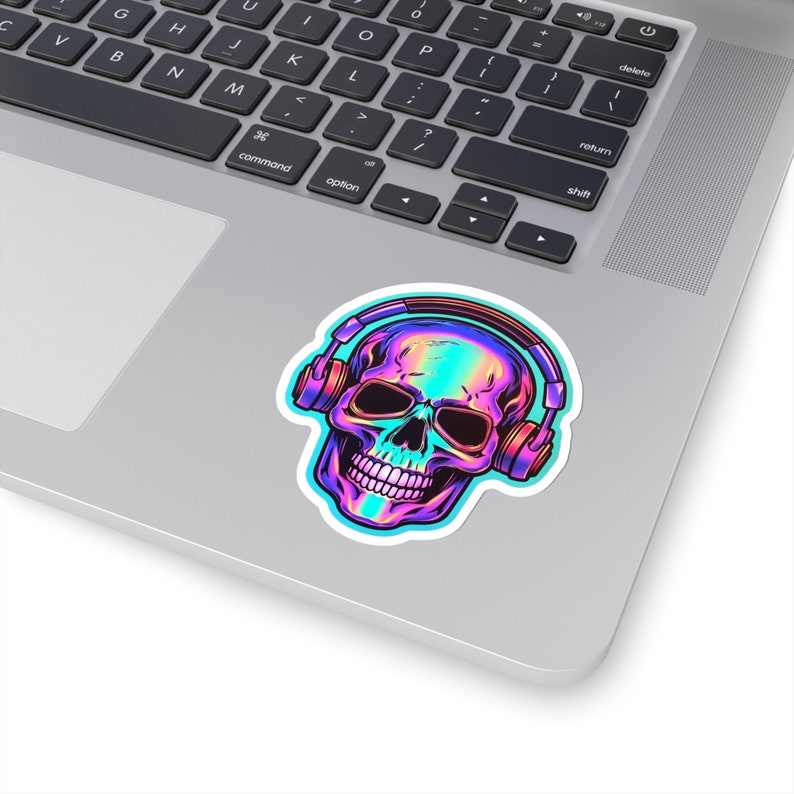 Skull With Headphones Sticker, Neon Skull, Psychedelic Colors Sticker ...