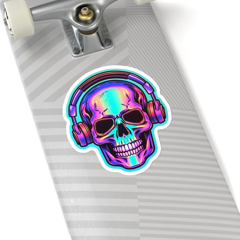Skull With Headphones Sticker, Neon Skull, Psychedelic Colors Sticker ...