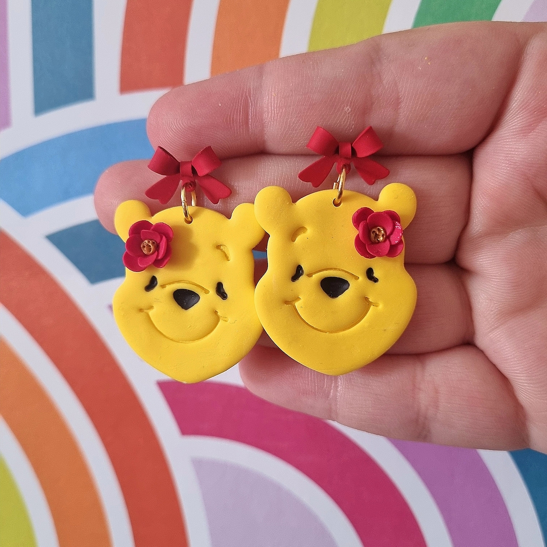Winnie the Pooh Clay Earrings, Red Bow Stud Earrings, Red Flower ...