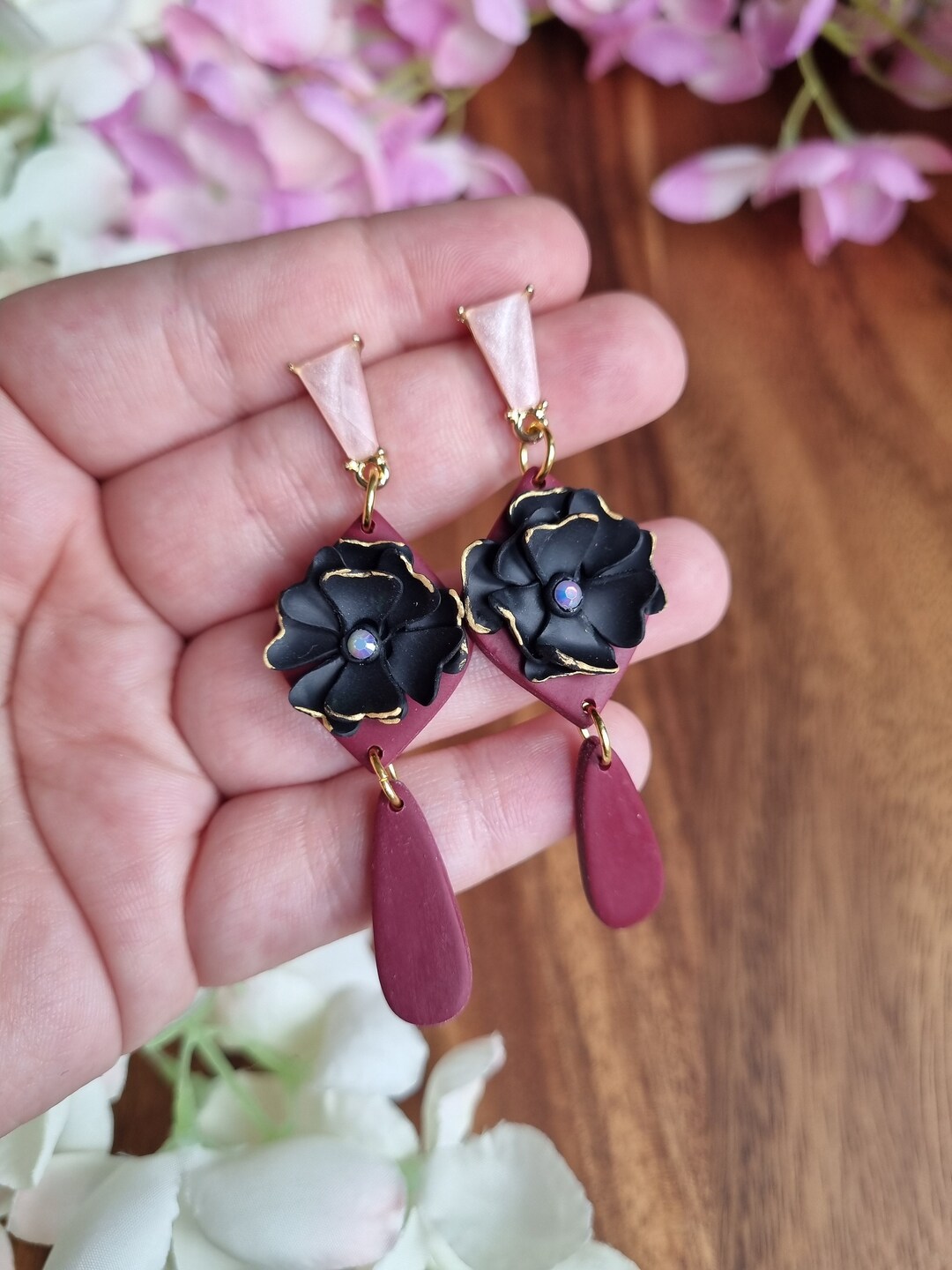 The Danbury, Wedding Flower Earrings, Delicate Maroon Earrings, Prom ...