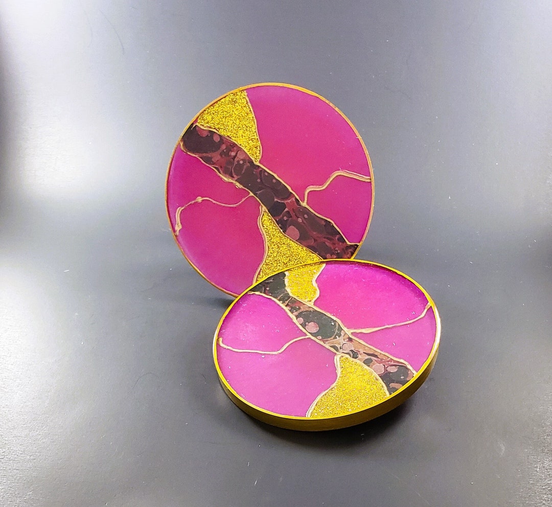 Elegant Kintsugi Pink Gold Round Coaster Set Drink Wedding Favor ...