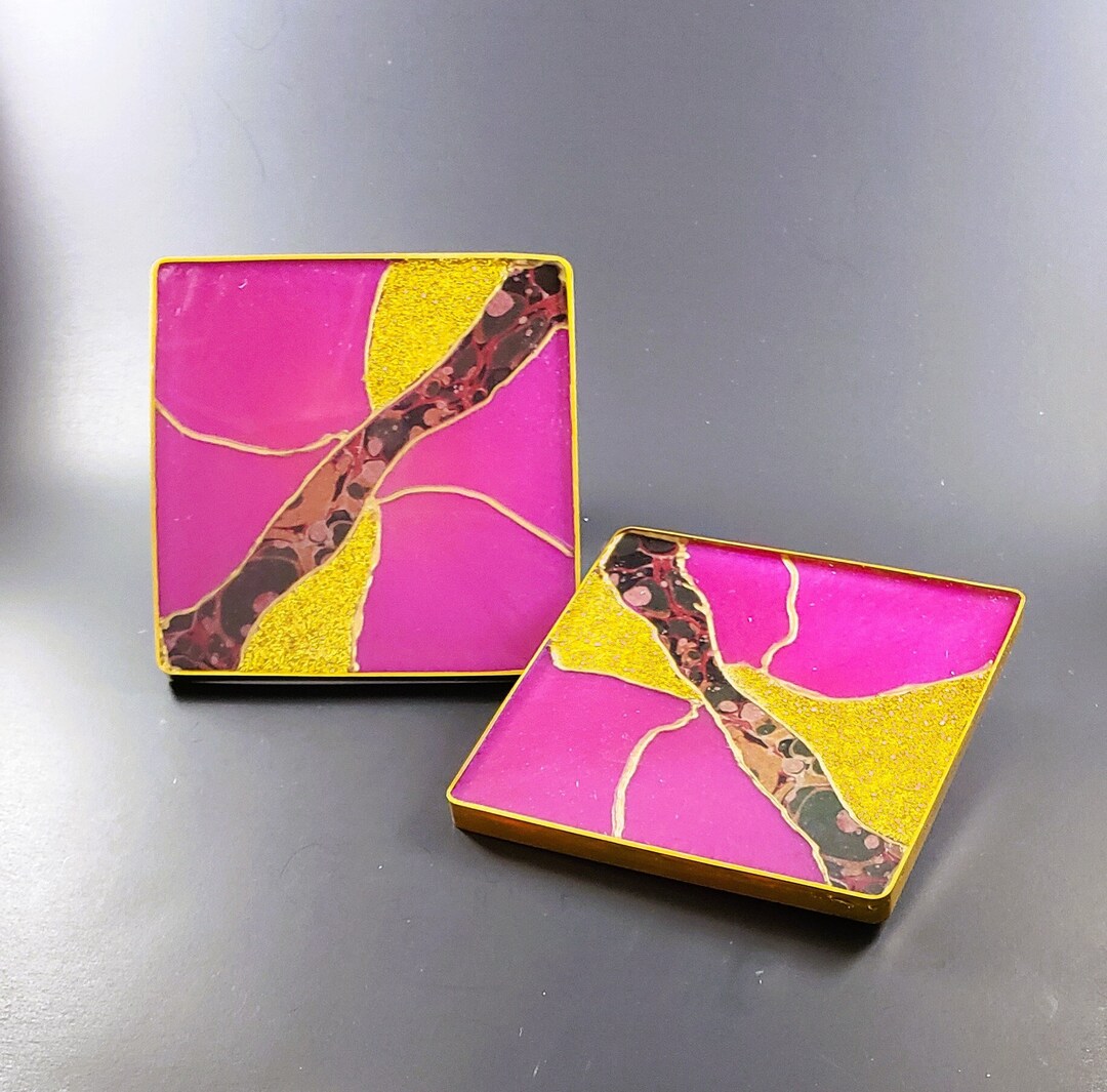 Elegant Kintsugi Pink Gold Square Coaster Set Drink Wedding Favor ...