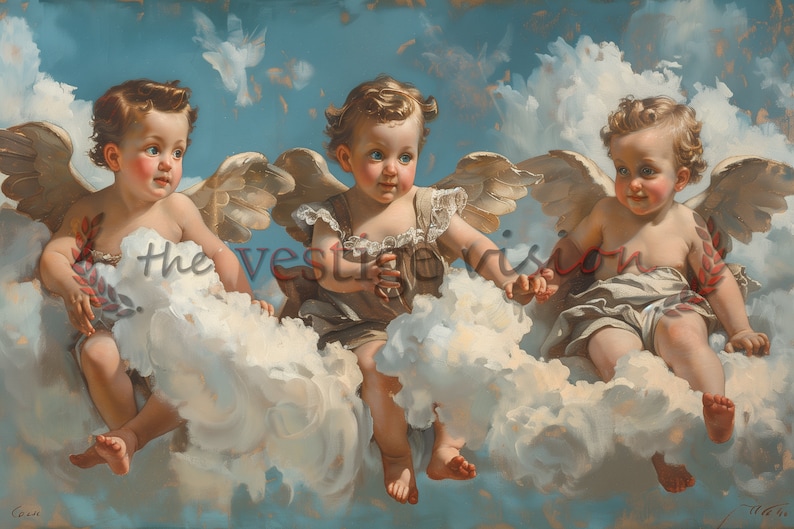 Cherub Triplets in the Clouds | Christian Heavens | Realistic Painting ...