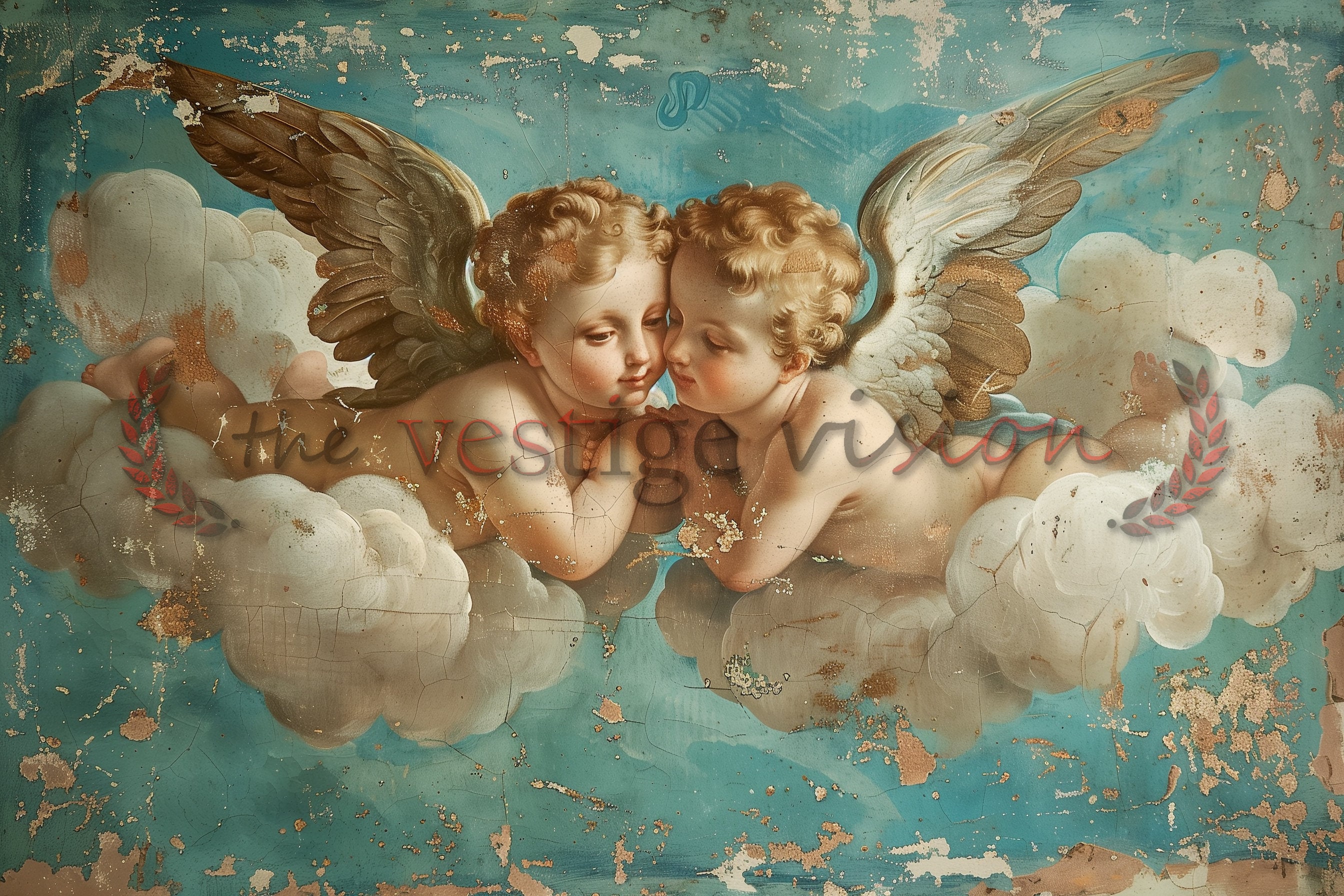 Cherub Sibling Love | Christian Imagery | Heavens | Painting | Worn Vintage | Michelangelo ...