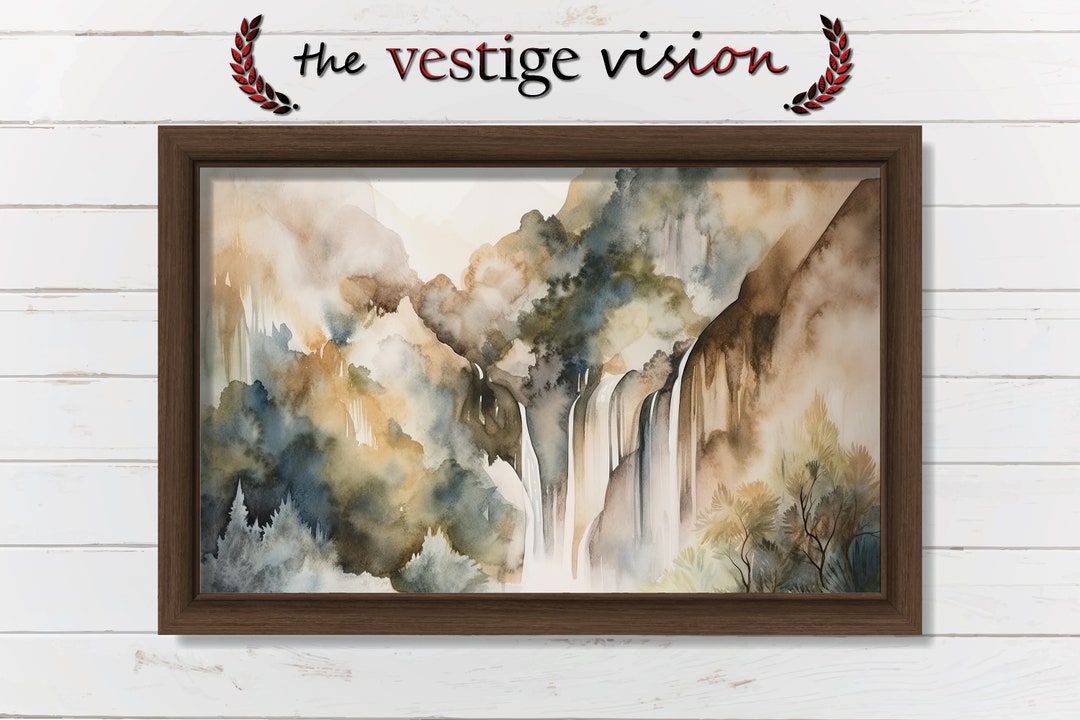 Vintage Waterfalls Watercolors Nature Landscape Neutral Wall Art Decor ...