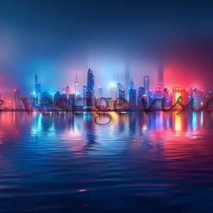 Neon Cyberpunk Skyline Coast | Surreal Futuristic | Panoramic View ...