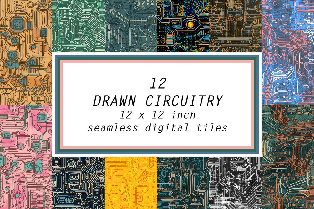 Stylized Cyberpunk Seamless Circuitry Patterns Digital Paper, Paper Pack, Line Drawn, Futuristic ...