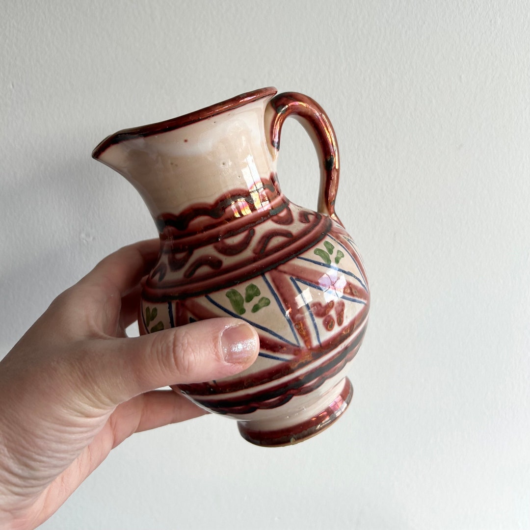 Vintage Folk Pottery Jug - Decorative Bohemian Aztec Floral Ceramic ...