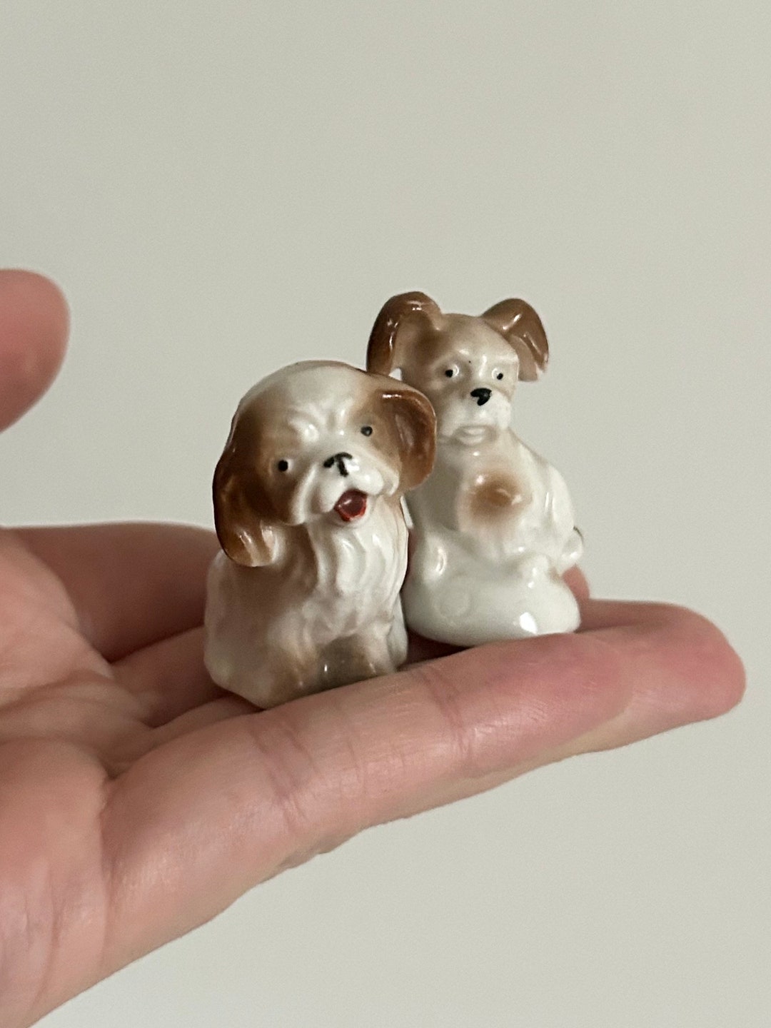 Vintage Tiny Puppy Figurine Set of 2 - Brown & White Doggies - Kitsch ...