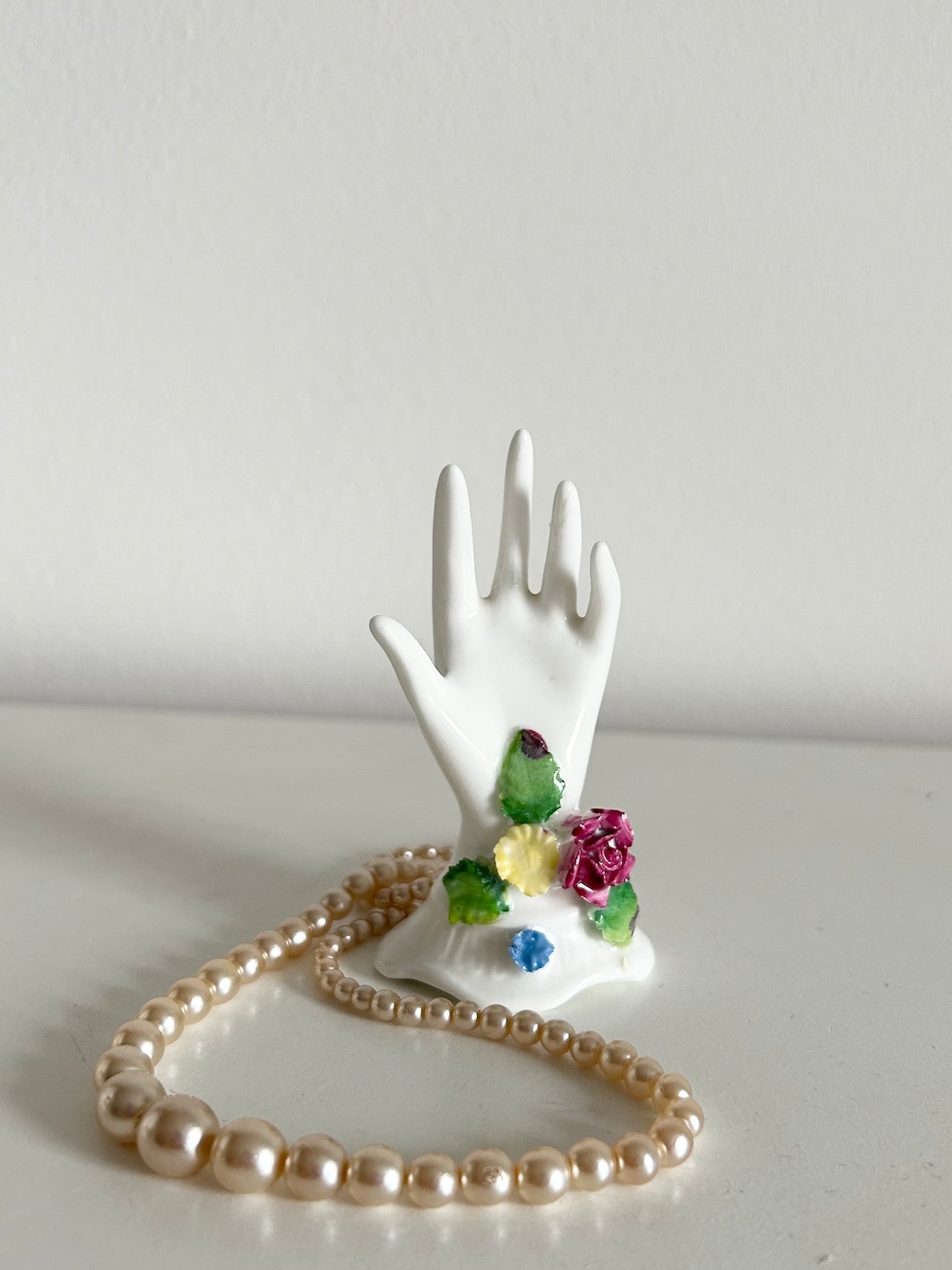 Vintage Hand Shaped Ring Holder - Decorative Flower Blossoms Porcelain ...