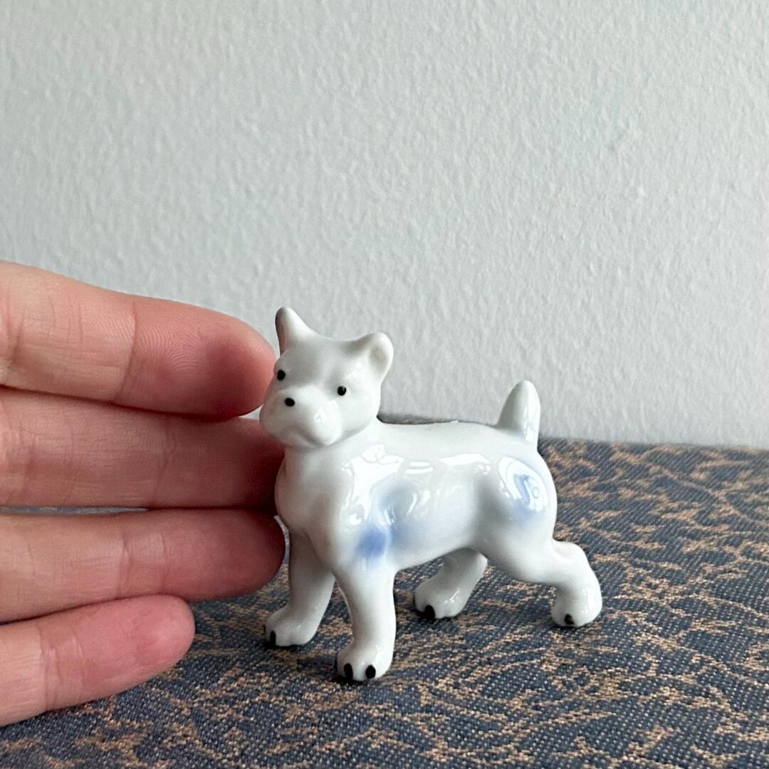 Vintage Kitsch Little Dog Ceramic - Pastel Blue White Figurine - Cute ...