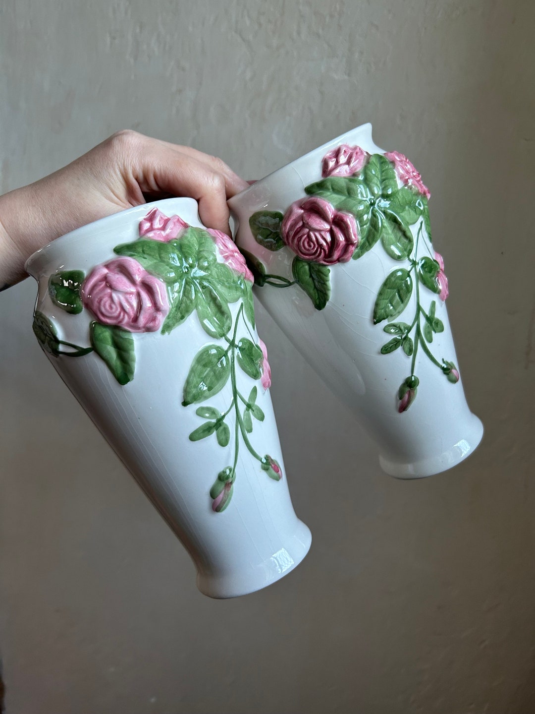 Vintage Pair of Pink Flower Vases - Handpainted Ceramic, Shabby Chic ...