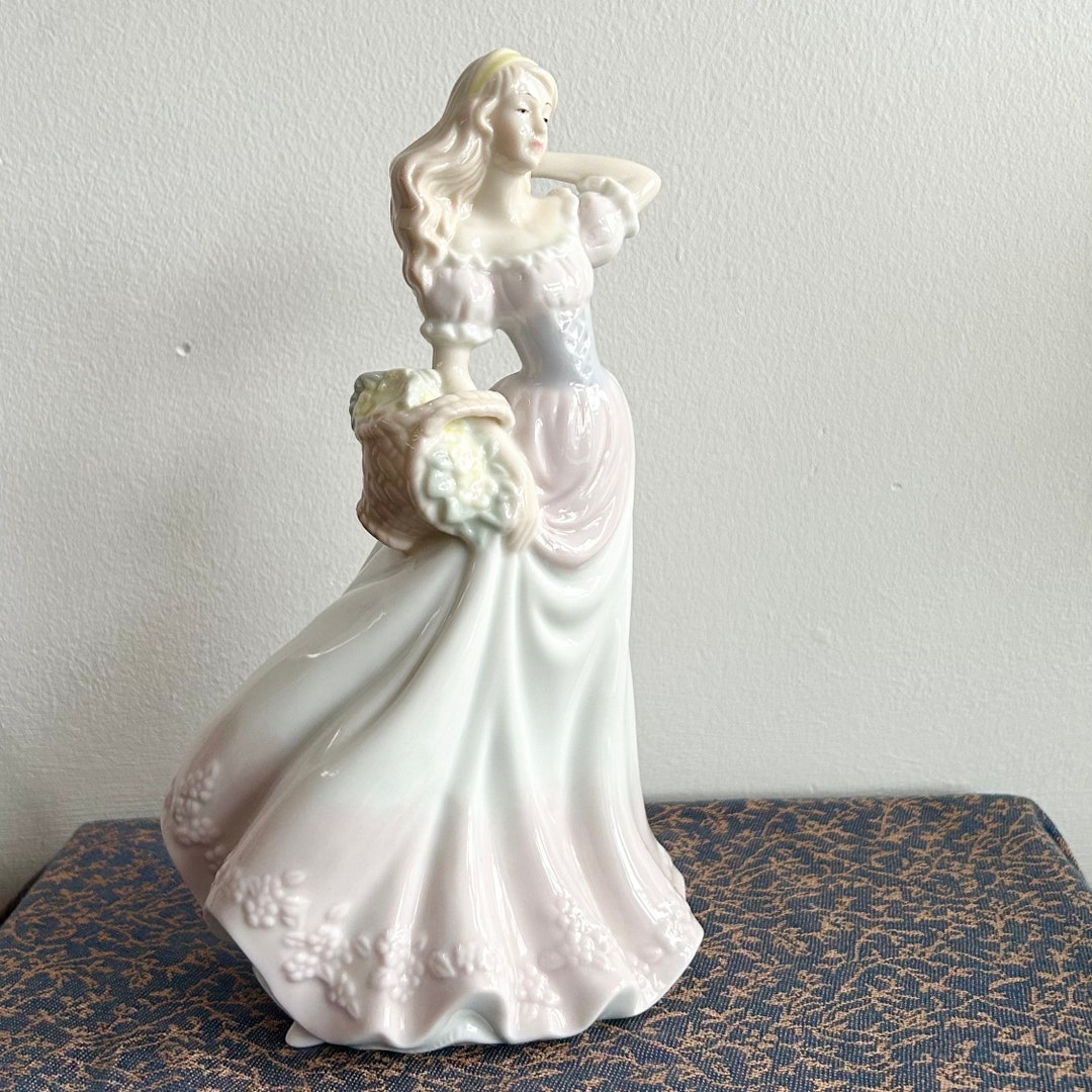 Vintage Porcelain Girl Figurine Pastel Tone, Princess Dress, Basket of ...