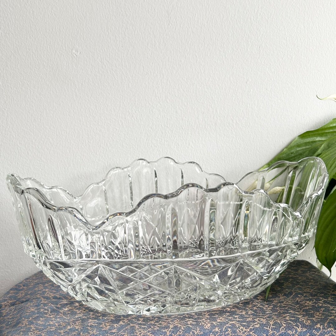 Vintage Glass Bowl - Faceted Crystal Cut Design, Oval Shape Decorative ...