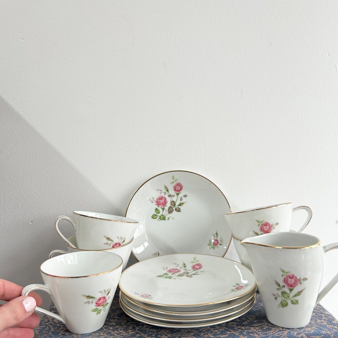 Vintage German Pink Rose Crockery Set - China Jug, 5 Teacups, 5 Saucers ...
