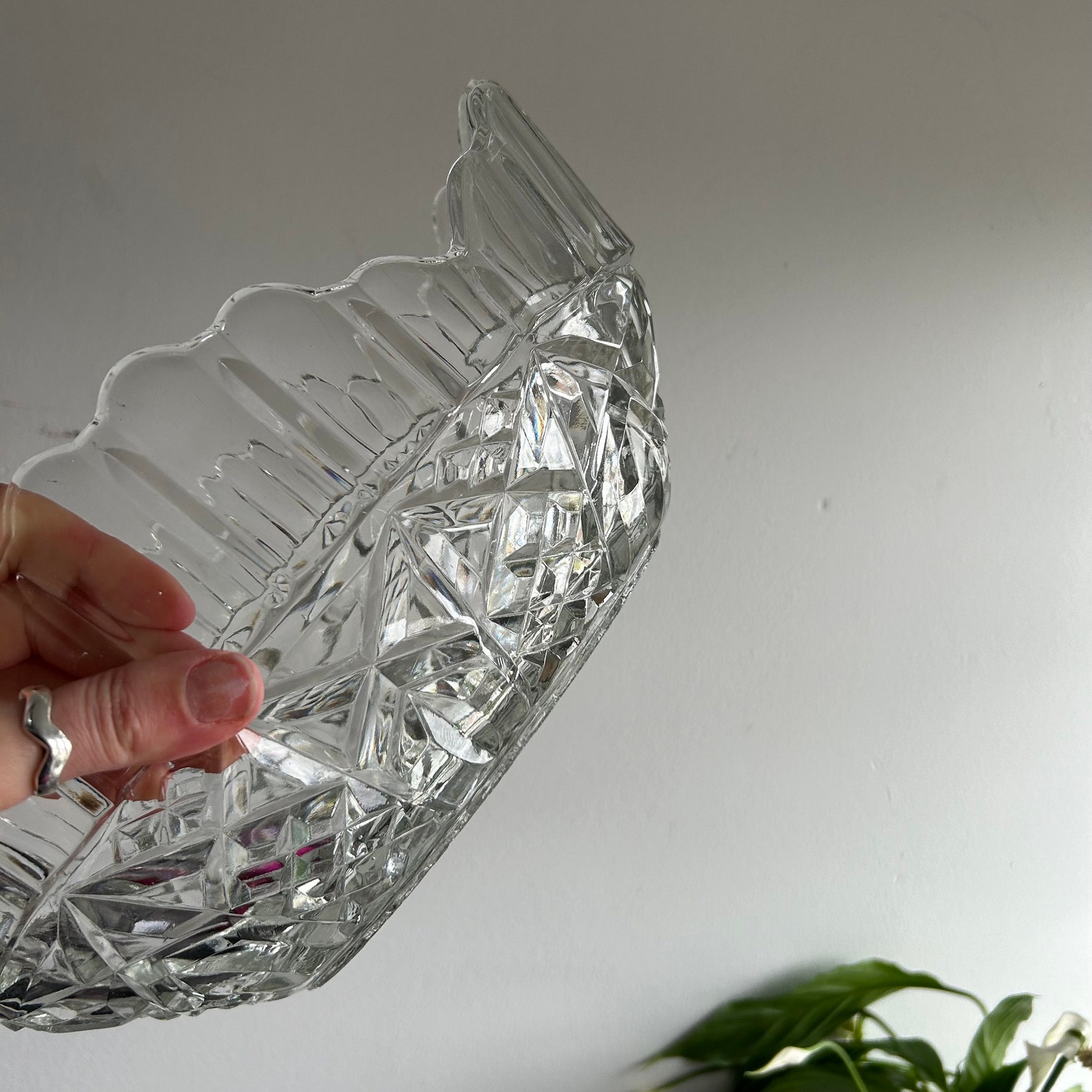 Vintage Glass Bowl - Faceted Crystal Cut Design, Oval Shape Decorative ...