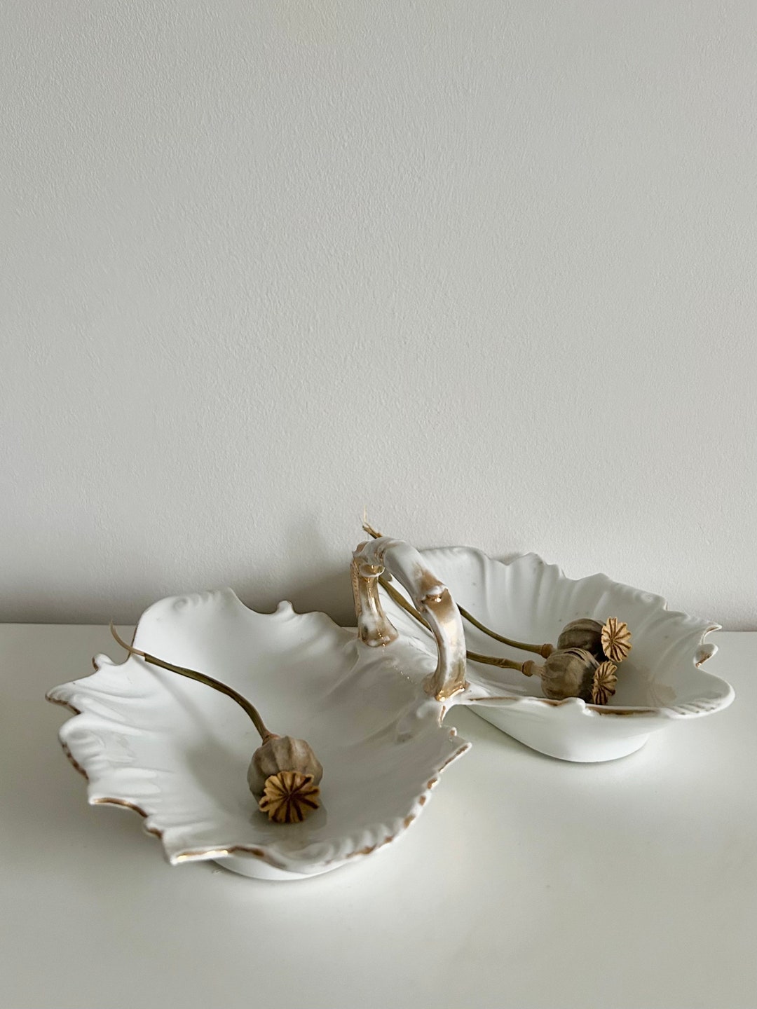 Vintage Porcelain Scalloped Serving Dish White and Golden Antique ...