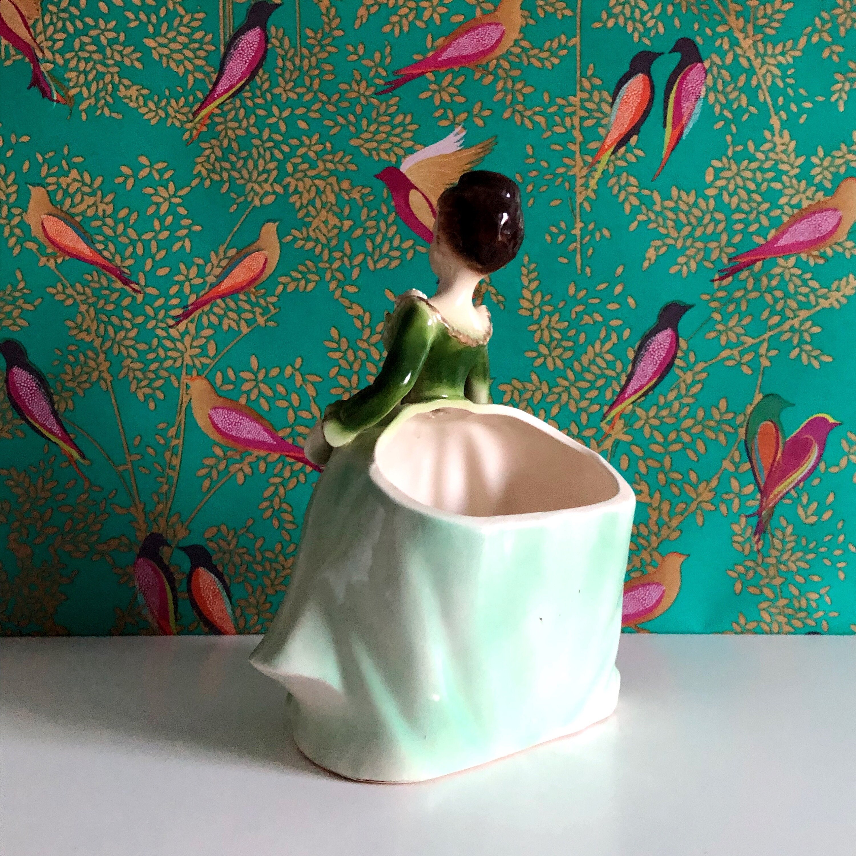 Vintage Porcelain Dancing Lady Vase - Green Ballgown Figurine, Brunette ...