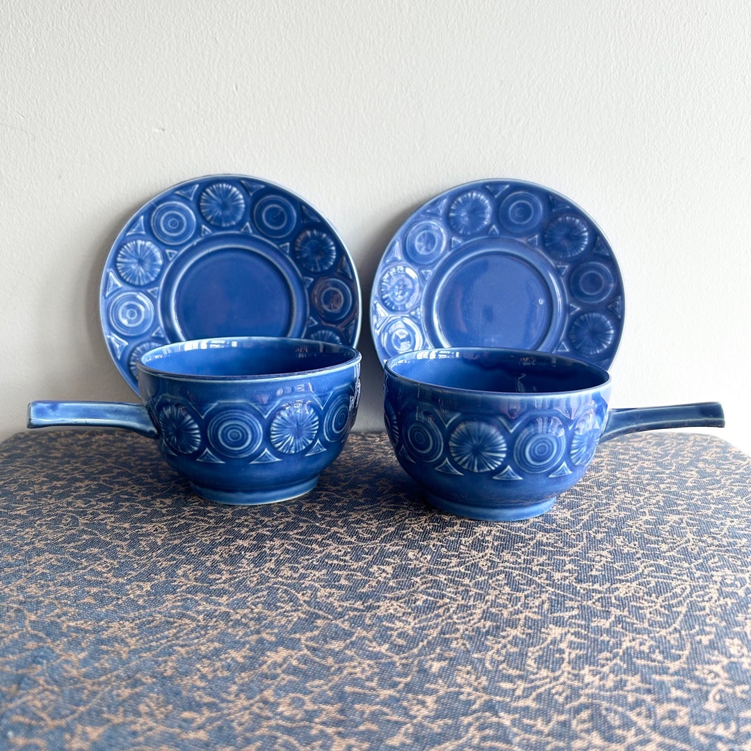 Vintage Tams Cup and Saucer Set of 2 Made in England Retro Blue Ceramic ...